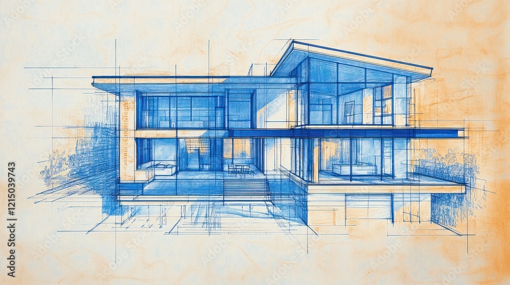 A blueprint of a split-level house, with detailed sections showing ...