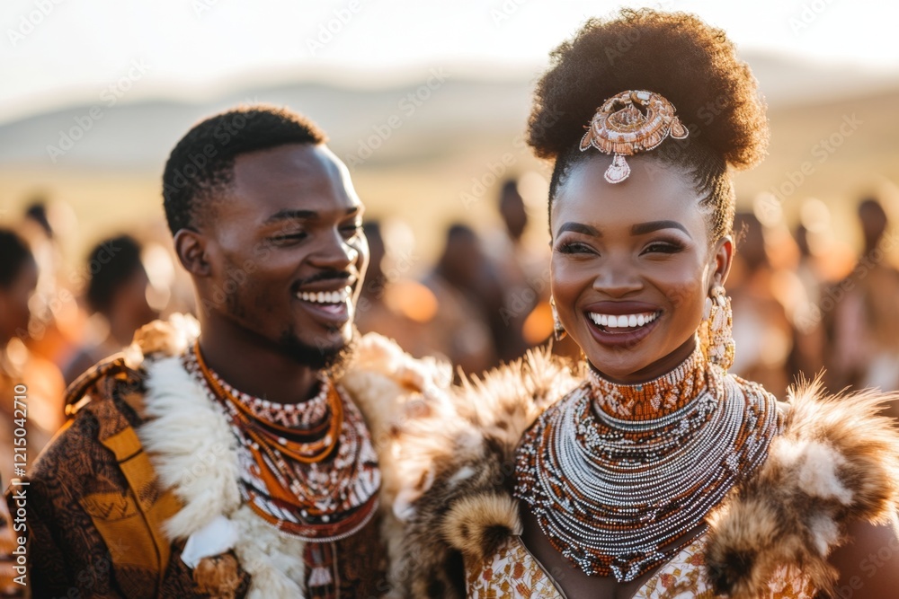 A traditional Zulu wedding ceremony, with the bride and groom dressed ...
