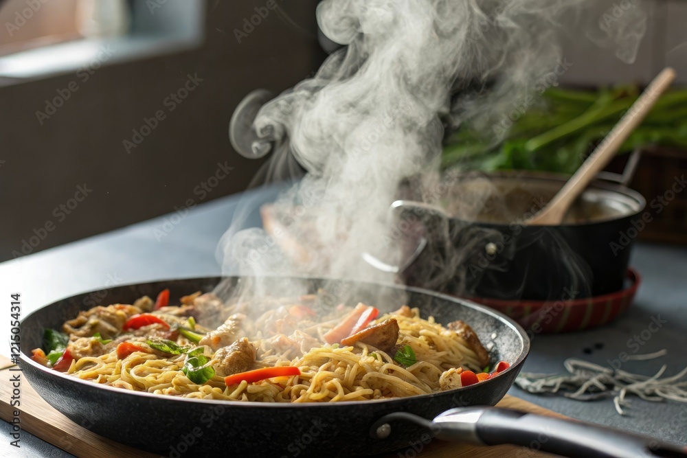 Aromatic steam rising from a pan of hot noodle dish with various non ...