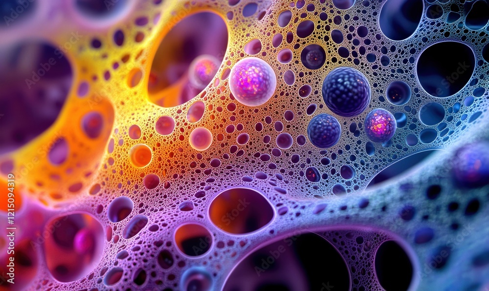 Dynamic microscopic cells showcase radiant nuclei within a colorful cellular matrix in close-up ...