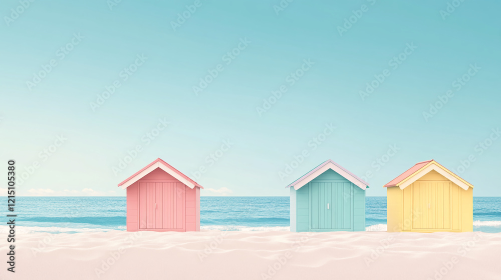 Colorful beach huts by the sea with a pastel color scheme and clear sky ...