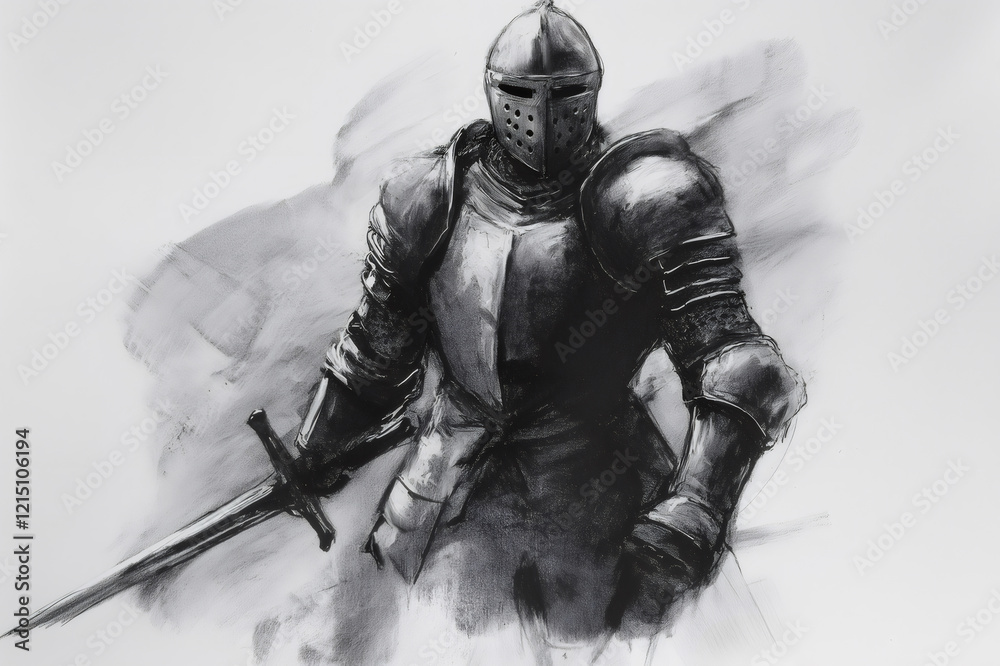 Charcoal drawing depicting a medieval knight clad in full plate armor ...