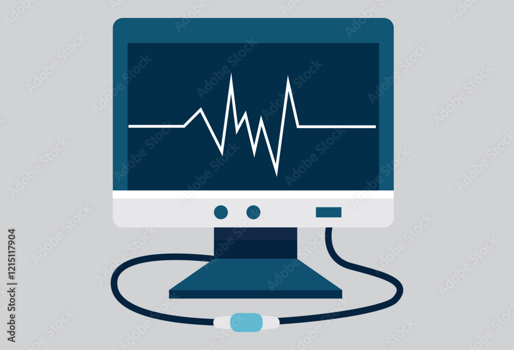 A heart monitor flatline displayed as a stylized green EKG on a ...
