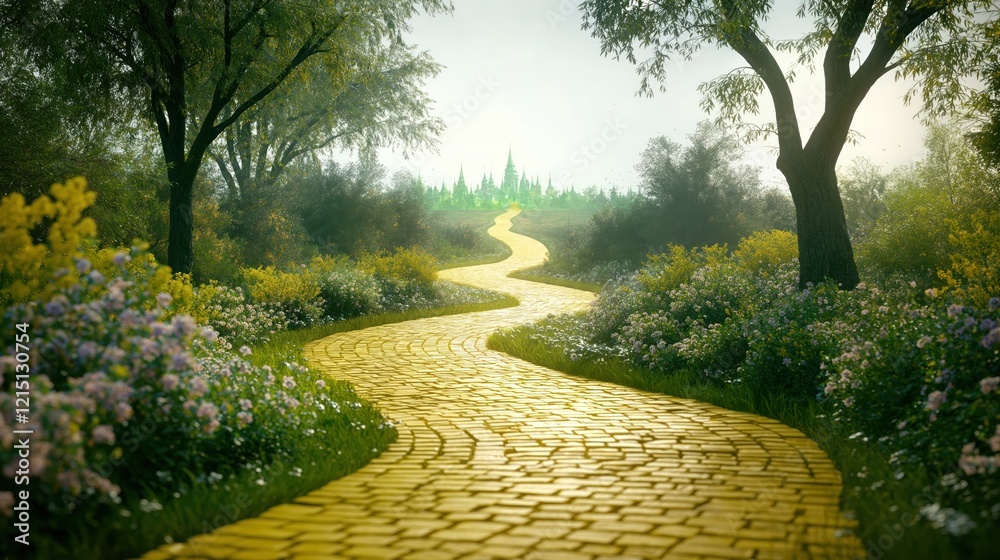Magical yellow brick road winds through springtime park. Emerald city ...