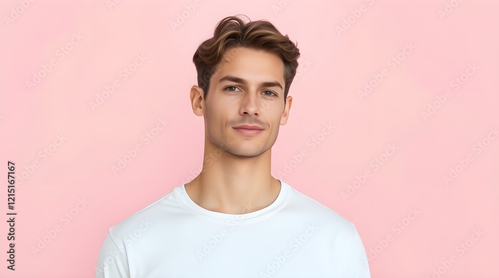 High-resolution studio shot, male model, torso only, in a white t-shirt ...