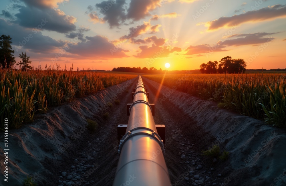 Sunset view of gas pipeline across field. Natural gas transmission ...