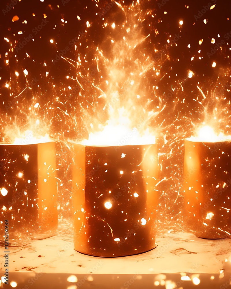 Glowing sparks erupt from three perforated metal containers. Stock ...
