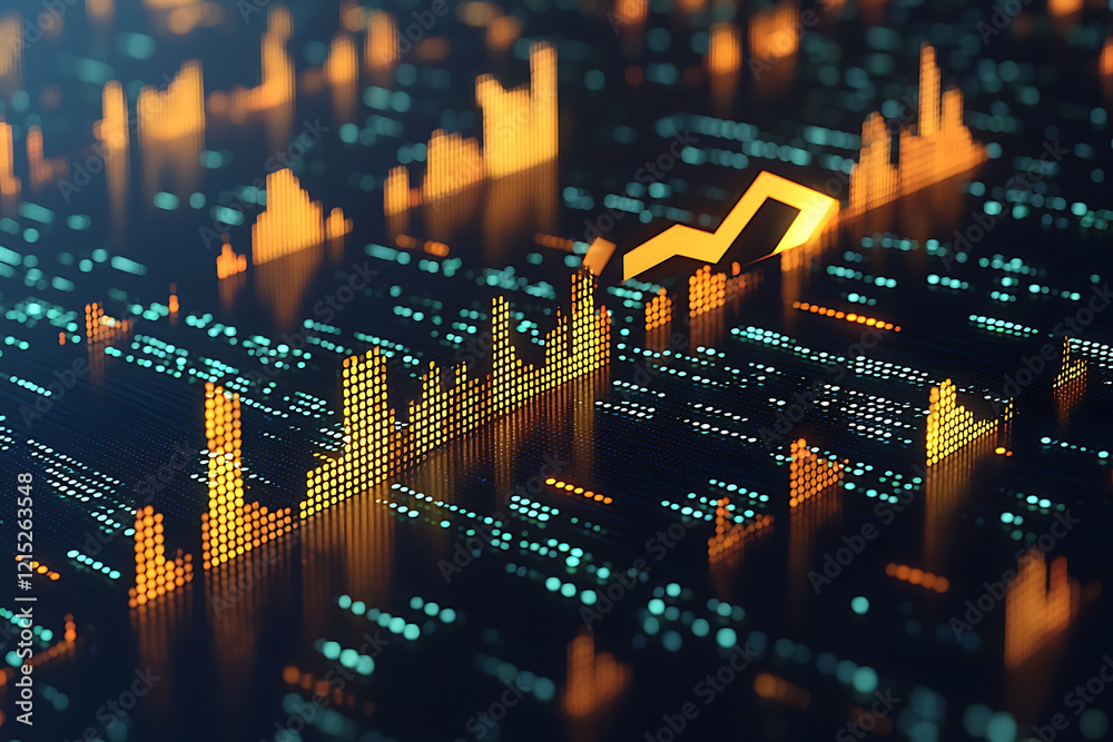 Dynamic 3D render of glowing orange stock market data graphs on a dark ...