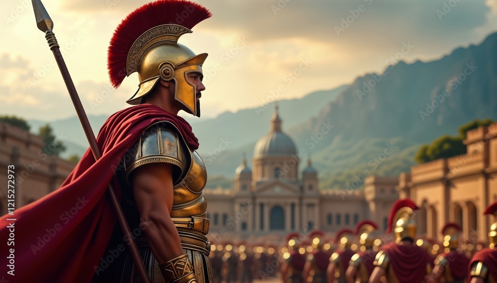 Spartan warrior stands ready for combat. Roman legionary wears ancient ...