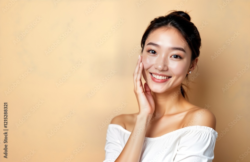 Beautiful Asian woman smiles happily. Clean fresh skin, touches face ...