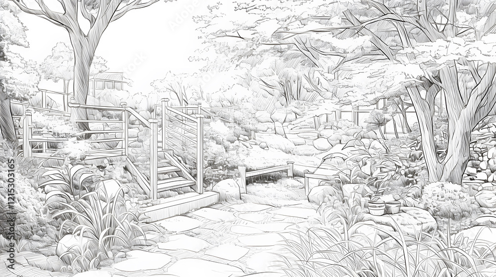 Garden courtyard line drawing scenery Stock Illustration | Adobe Stock