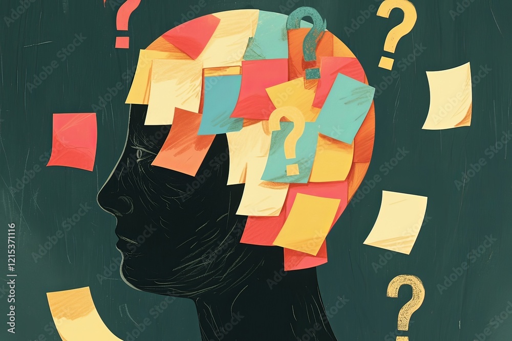 Simple line drawing of an adult head outline with colorful sticky notes ...