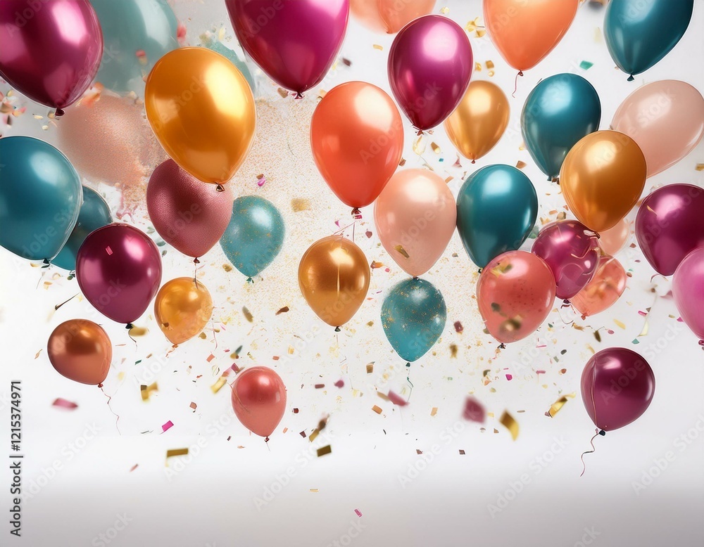colorful balloons and confetti falling on a white background perfect ...