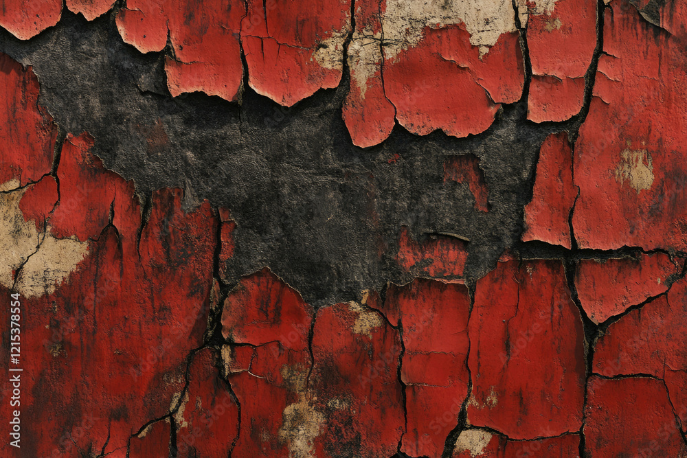 Cracked and peeling red paint reveals a dark, aged surface beneath, showing the effects of time ...