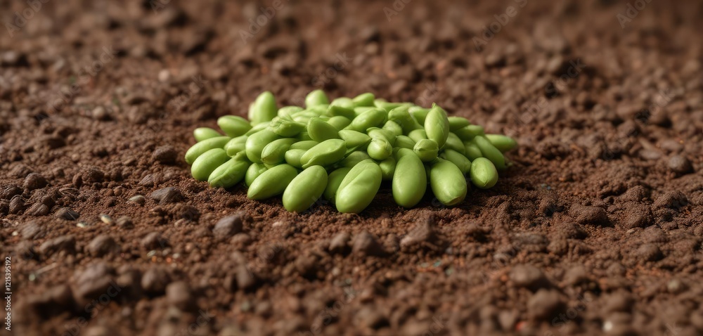 Edamame seeds in fertile brown soil with mulch, seed germination ...