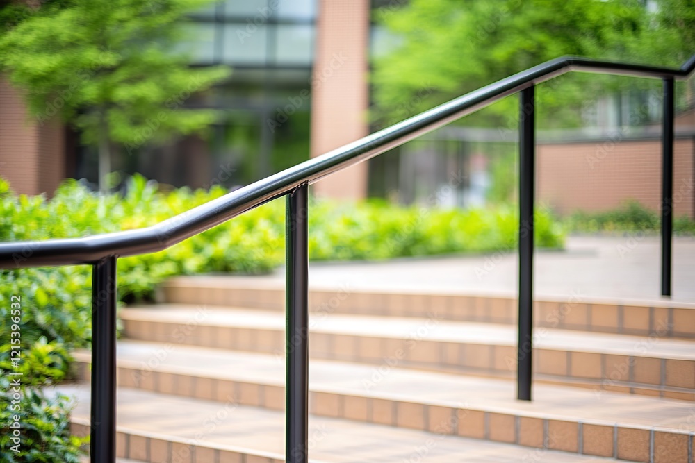 Modern handrail and steps in urban park with greenery, safety features ...