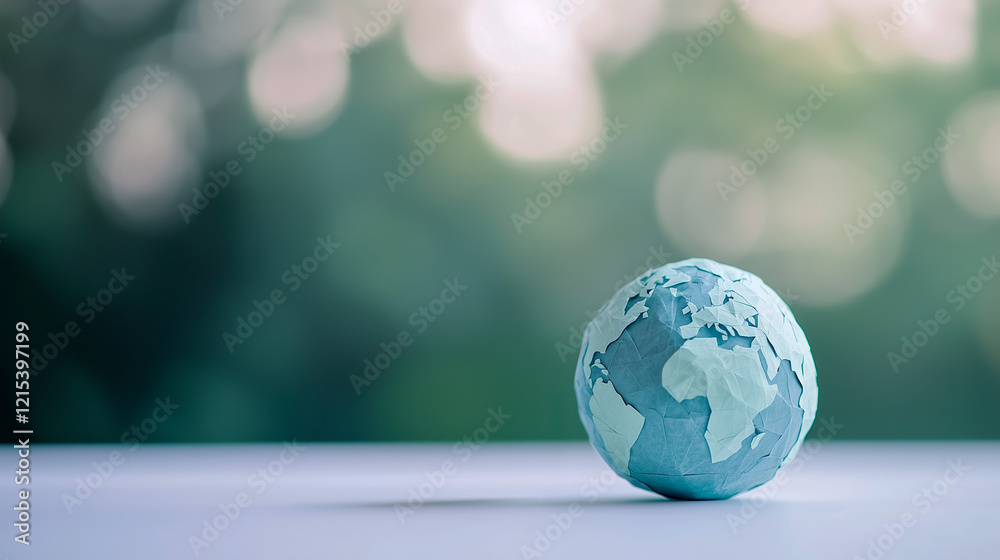 origami earth globe on a grey surface and out of focus green background ...