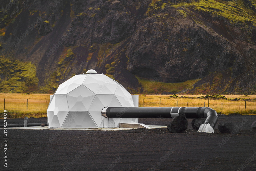 Foto de Stock White geodesic dome with attached pipeline for geothermal ...