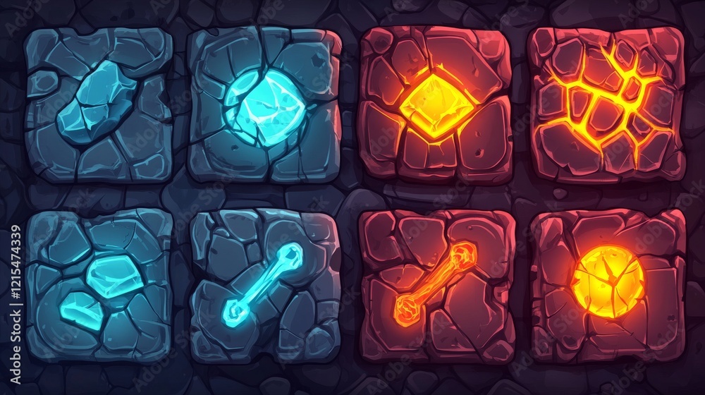 Lava game buttons animation set. Vector cartoon illustration of stone ...