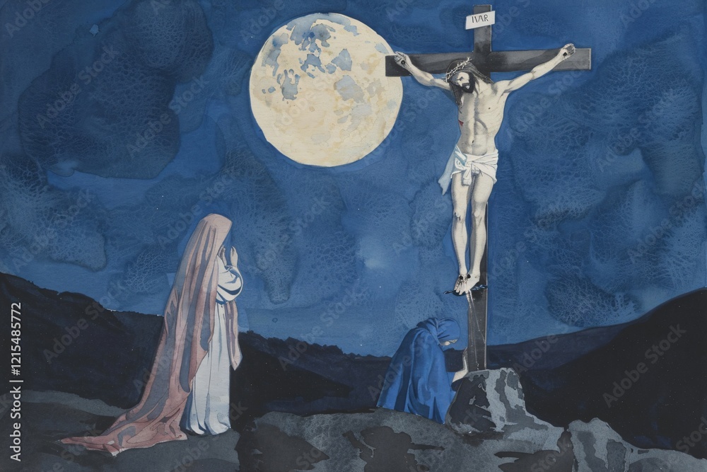 Crucifixion of Jesus Christ with Virgin Mary and apostles. Dying Jesus on Cross in Golgotha ...