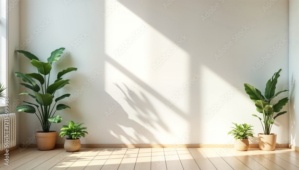 Empty room with light streaming in through window. Two large plants ...