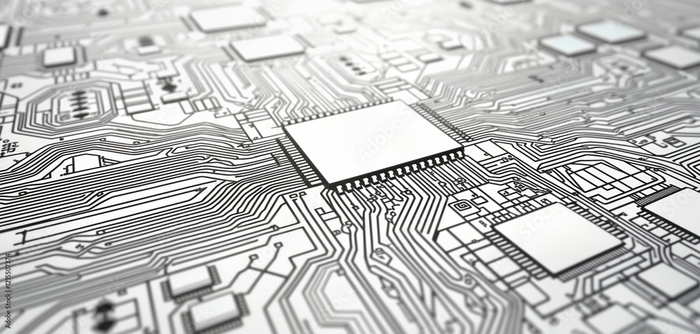 Detailed circuit board design shows complex interconnections. Intricate ...