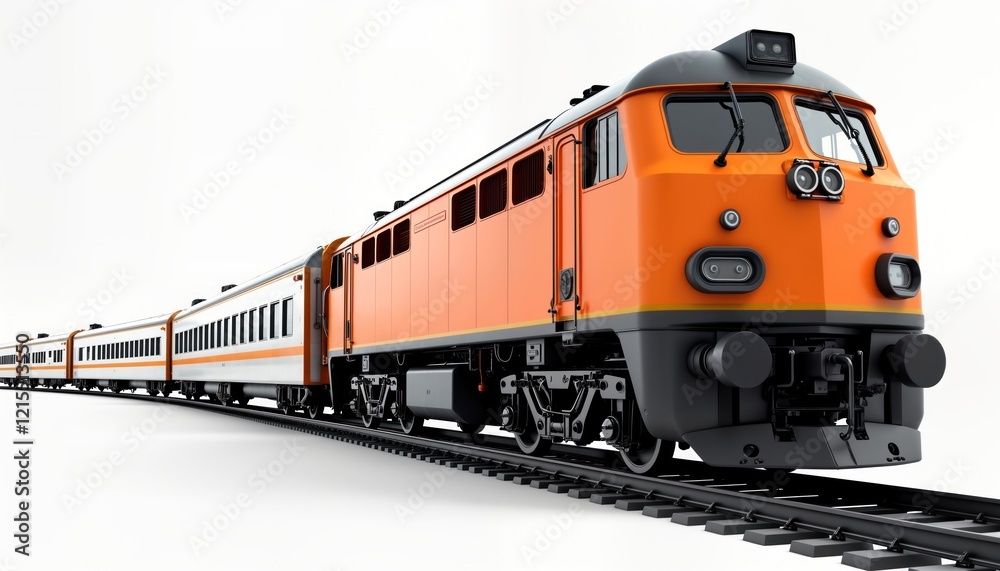 Orange, white train moves on railway tracks. Modern design train with ...