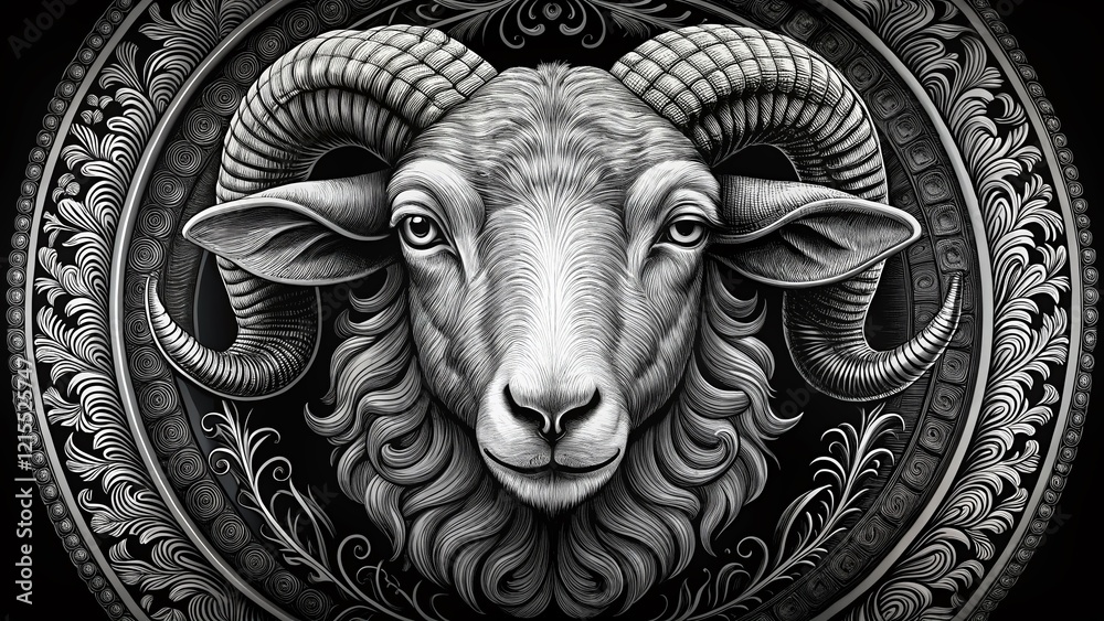 Surreal Black and White Ram Portrait: Circular Drawing with Intricate ...