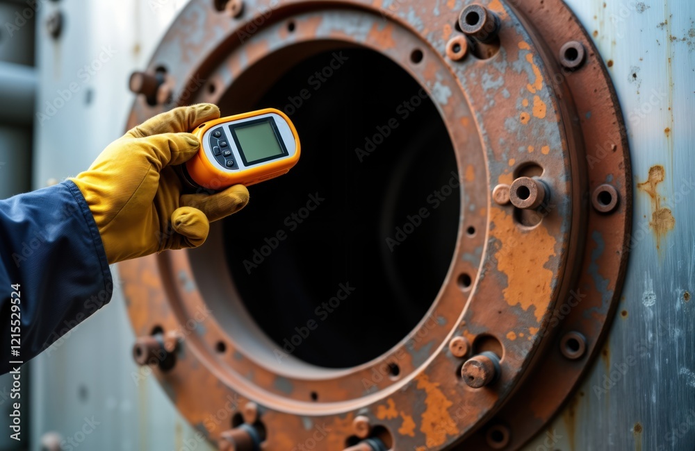 Industrial worker uses gas detector to inspect manhole in stainless ...