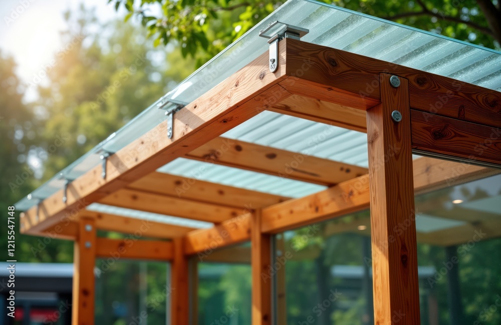 Foto de Stock Wooden bus stop shelter features glazed pergola roof ...