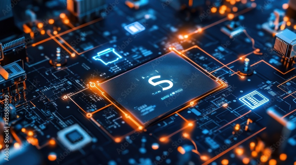 Quantum computing processor performing complex calculations, with glowing connections and data ...