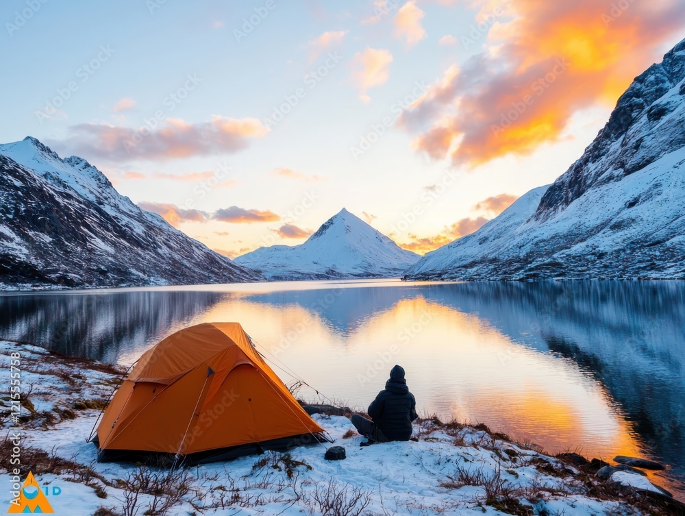 Polar exploration adventure nomad setting up camp under twilight sky at ...