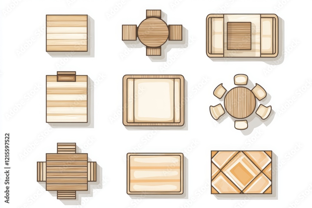 Architectural details and furnishings for the floor plan. Elevated view ...