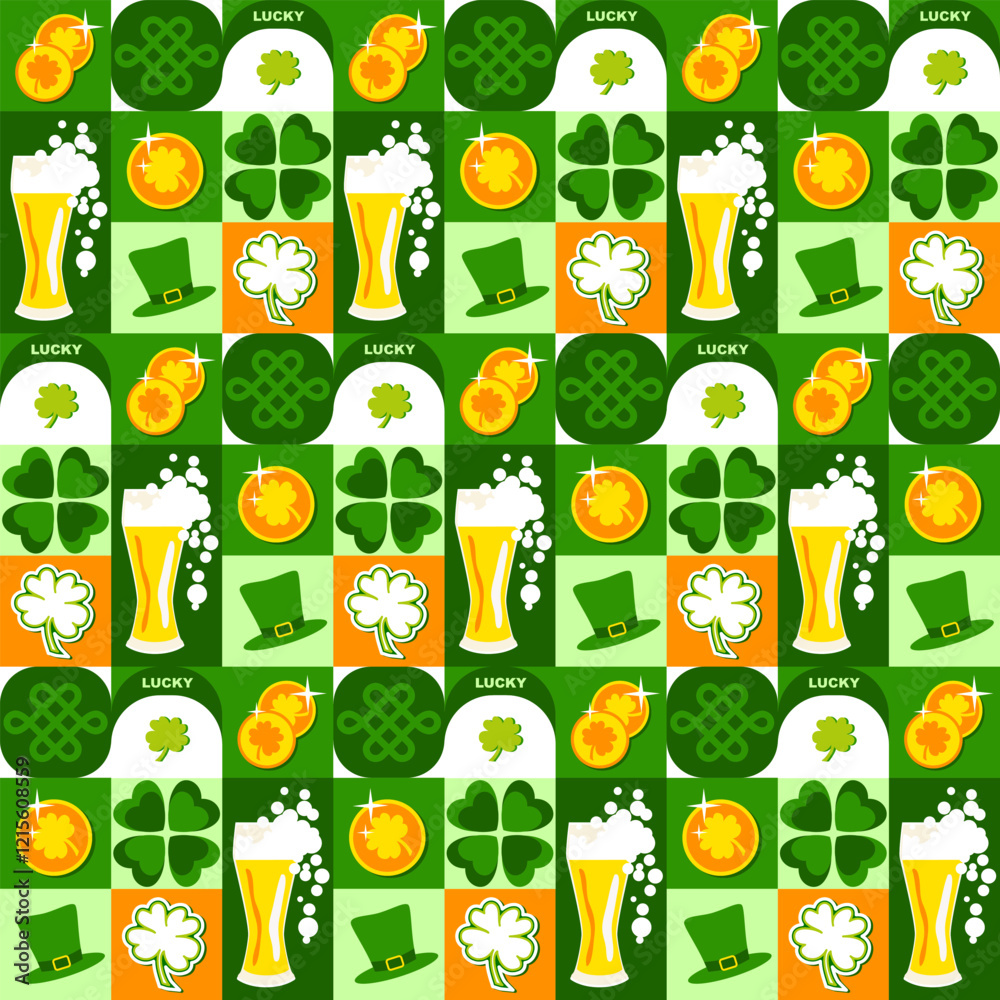 St. Patricks day seamless pattern with glasses of beer, shamrock four ...