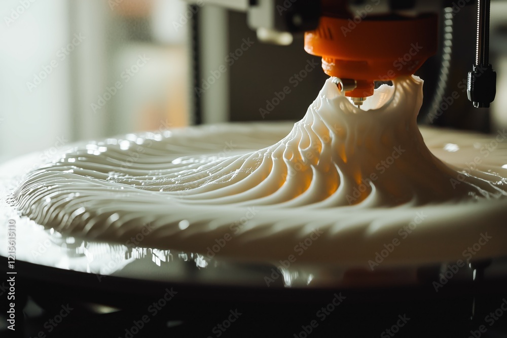 3d Printer Creating A Layered White Object Intricate Details Emerge As The Nozzle Moves