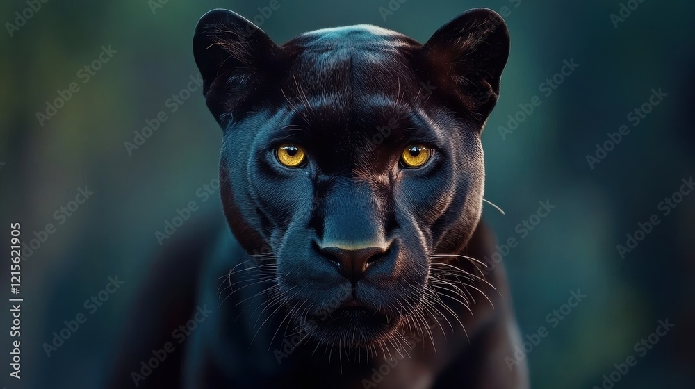Black panther in low light with glowing yellow eyes creating an intense ...