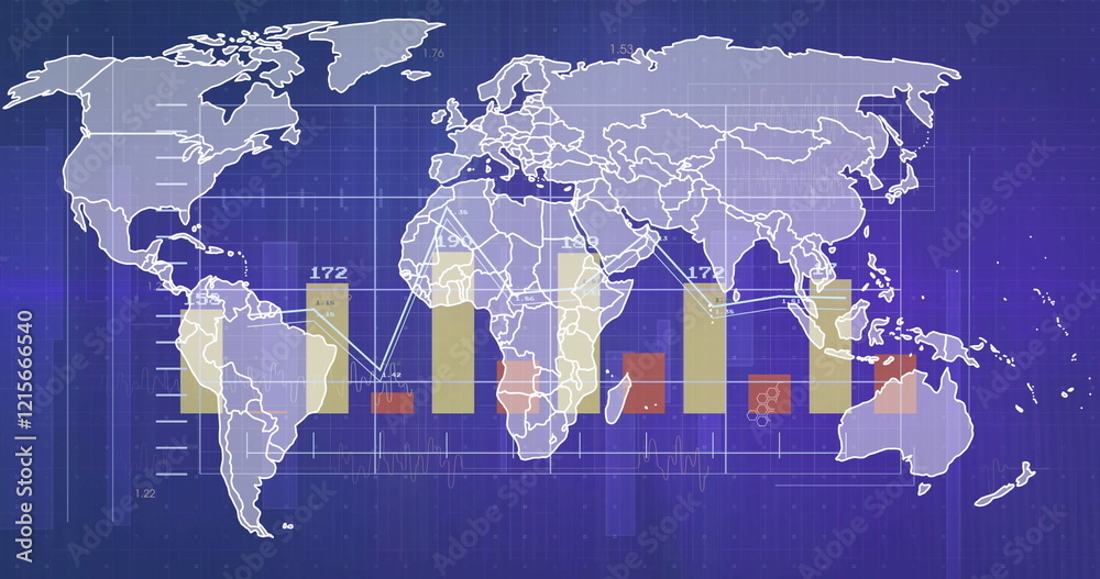 World map with bar graphs and hexagonal patterns, data analysis image ...