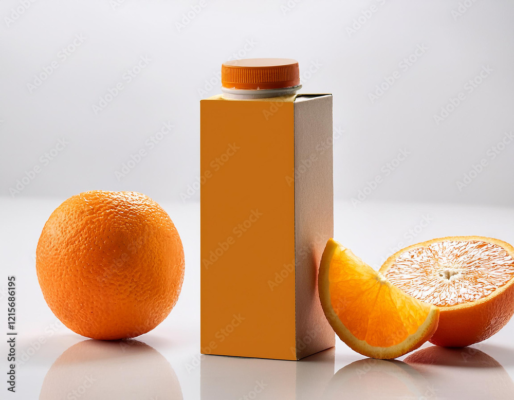 blank juice box with fruit orange and close lid on white background ...