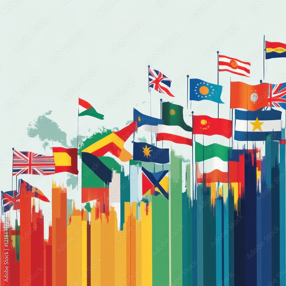 Stock-Illustration „Colorful flags of various nations rise above a ...