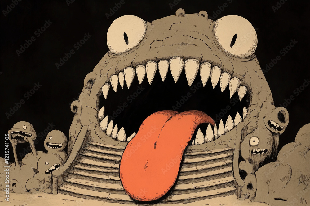 Dark fantasy illustration of a monstrous cave entrance with sharp teeth ...