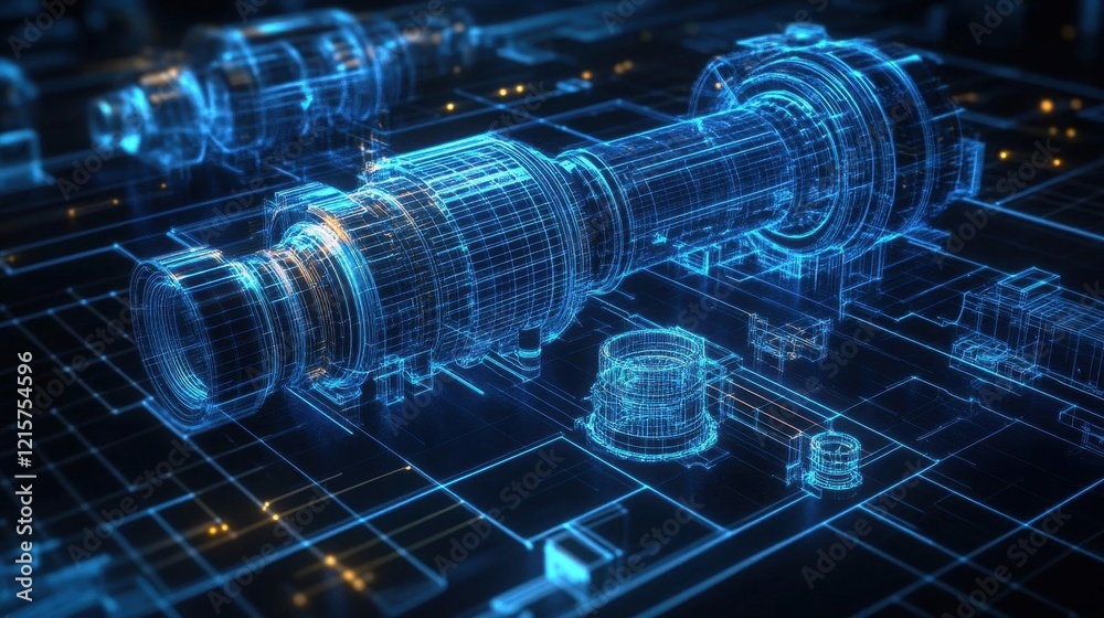 futuristic 3d technical schematic of hydraulic system components ...