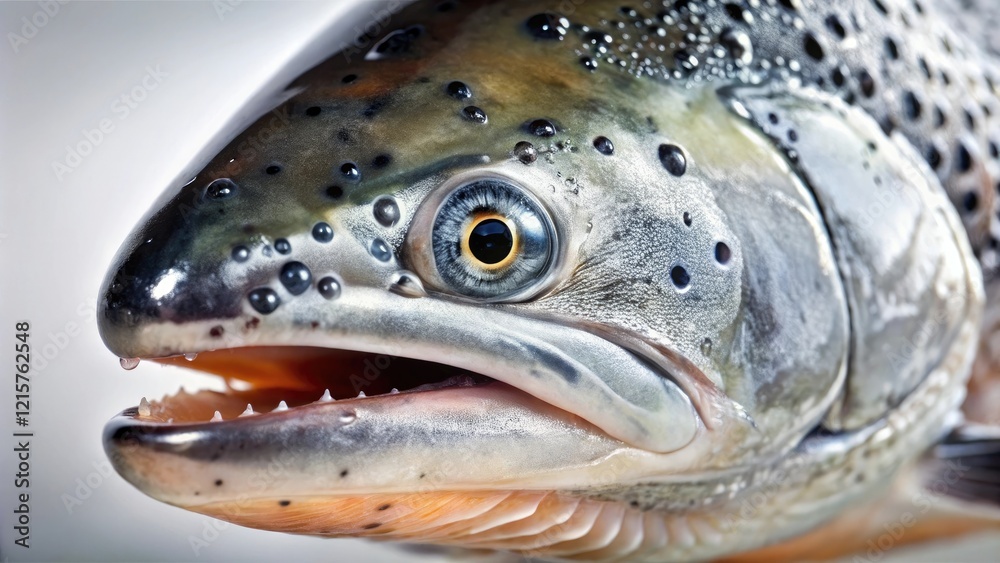 Close-up of a salmon's face with visible slime coating its skin, scales ...