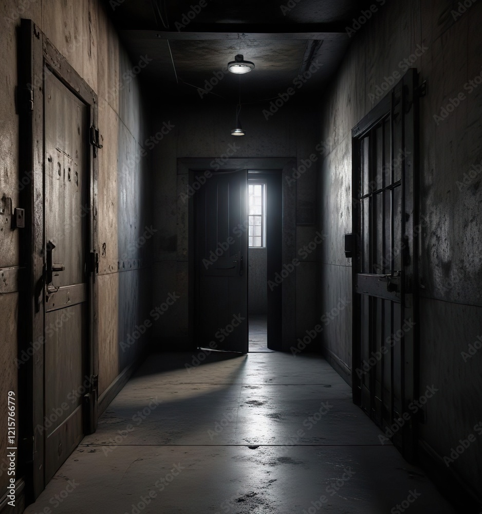 Dark and empty prison cell block with an open door leading to freedom ...