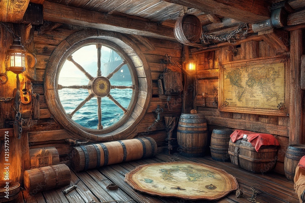 Cosy pirate ship cabin interior with barrels, map, and porthole view of ...
