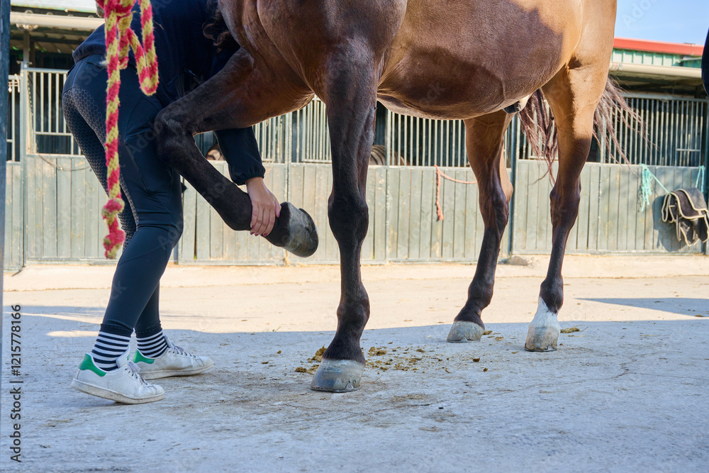 Young female rider lifts a horse's leg to clean its hooves in the ...