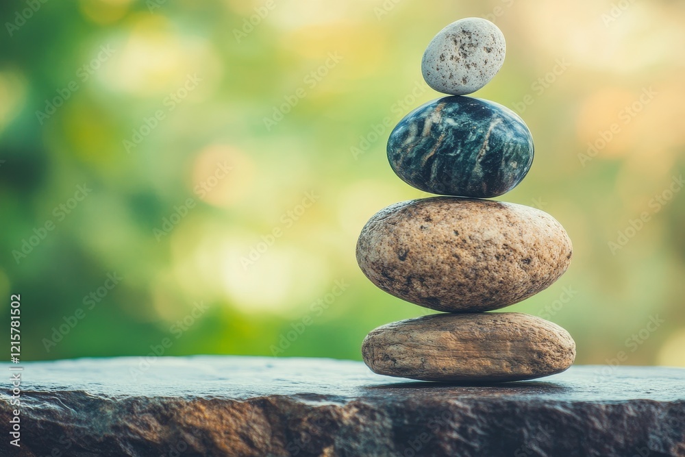 Four smooth stones stacked in balance on a rock, blurred green ...
