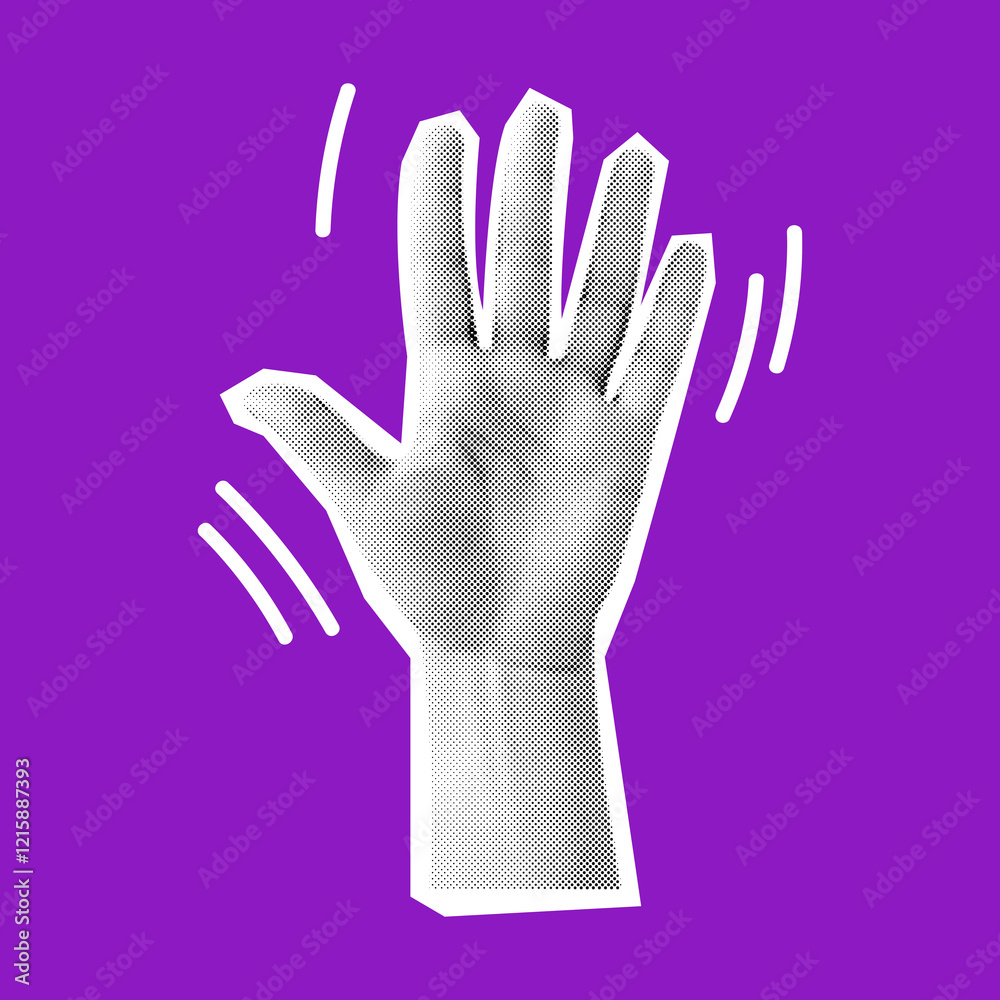 Halftone textured hand waving for Hello vector illustration. Expressing ...