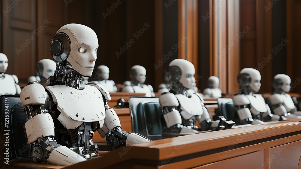 Futuristic image depicts a robot sitting in a courtroom for the Concept ...