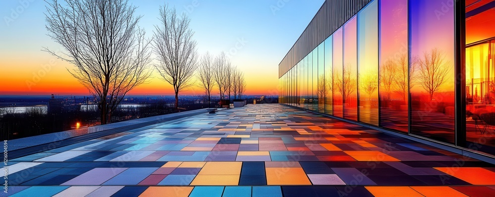 Rooftop terrace with geometric patterns, blending modern art and ...