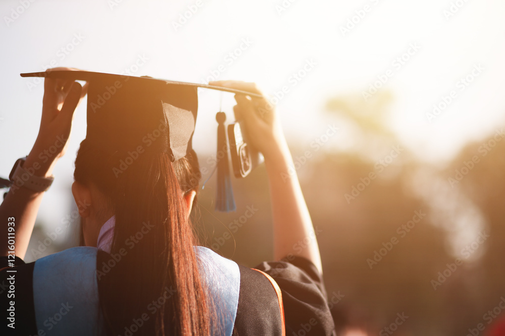 back view The group of graduates celebrated their college graduation ...